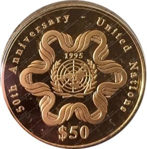 Coin: 50 Dollars (50th Anniversary - United Nations) (Singapore(1969 ...