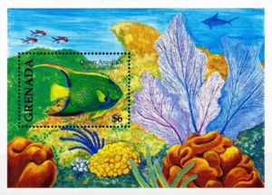 Stamp: Queen angelfish (Grenada(Fish of the Caribbean 1994) Mi:GD BL375 ...