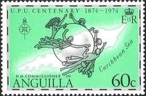 Stamp: UPU Emblem over Map of Anguilla (Anguilla(Centenary of Universal ...