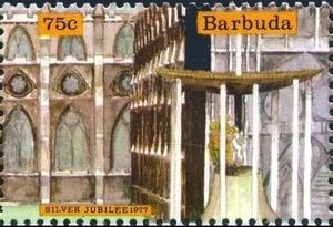 Stamp: Entrance, Westminster Abbey (Barbuda(25th Anniversary of Queen ...