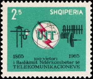 Stamp: Telegraph Pole, ITU Emblem, Antenna System (Albania) (Centenary ...
