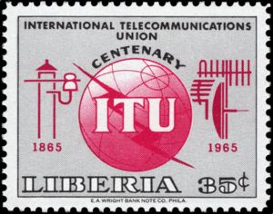 Stamp: ITU Emblem, Telegraph Wire, Antenna (Liberia(Centenary of the ...
