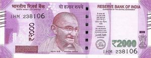 Banknote: 2,000 Rupees (India(2016-2022 "Gandhi at Center" Issue) Wor:P ...