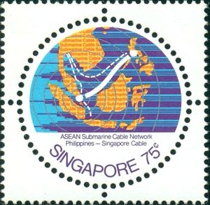 Briefmarke: Map of Submarine Cable Route (Singapur) (Telekommunikation ...