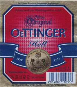 Drink Label: Oettinger Hell (Oettinger Brauerei GmbH, Germany, Federal ...