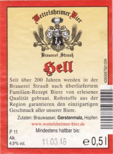 Drink Label: Wettelsheimer Bier Hell (Brauerei Strauß, Germany, Federal RepublicCol:DE-BEER-001647