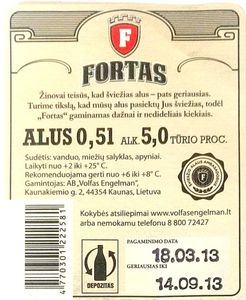 Drink Label: Fortas Ekstra (Volfas Engelman (Olvi), LithuaniaCol:LT ...