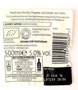 Drink Label: Waitrose Duchy Organic Old Ruby Ale (Wychwood Brewery Co ...