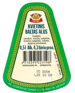 Štítok z nápoja: Kvietinis Baltas Alus (Alaus kombinatas Gubernija ...