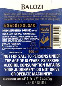 Drink Label: Balozi Lager (Kenya Breweries, KenyaCol:KE-BEER-000041