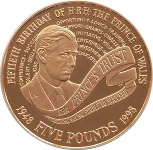 Coin: 5 Pounds (50th Birthday of Prince Charles - Gold edition) (United ...