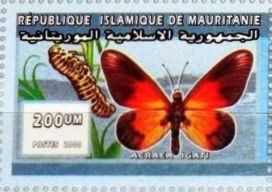 Stamp: Acraea igati (Mauritania(Flowers, Fauna and Mushrooms) Mi:MR ...