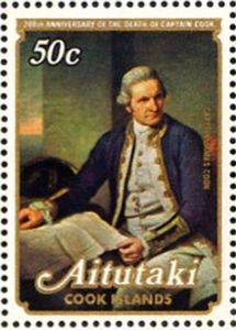Stamp: Captain James Cook (1776), painting by Nathaniel Dance (Aitutaki ...