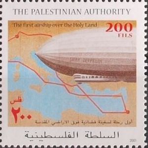 Stamp: LZ-127 "Graf Zeppelin", map with route (Palestinian Territory ...