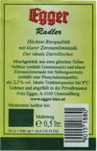 Drink Label: Egger Radler (Fritz Egger GmbH & Co., AustriaCol:AT-BEER ...