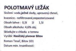 Drink Label: Polotmavý ležák (Hasicsky pivovar Bitov, Czech RepublicCol ...