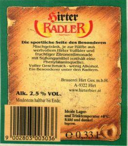 Drink Label: Hirter Radler (Brauerei Hirt, AustriaCol:AT-BEER-002496