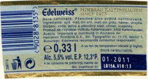 Drink Label: Edelweiss Weissbier (Hofbrau Kaltenhausen, AustriaCol:AT ...