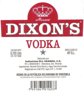 Etiqueta de bebida: Dixon's Vodka (Industria H.L. Ibarra, C.A ...