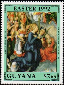 Stamp: "Adoration of the Trinity" (painting by Durer) (Guyana) (Easter ...