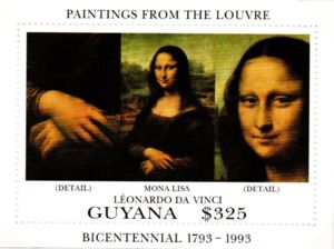 Марка: Mona Lisa and Details, by Leonardo da Vinci (Гайана(Bicentenary ...