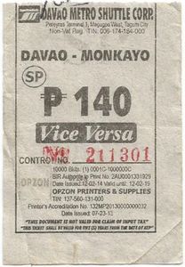 Transport Ticket: Single ticket (Davao Metro Shuttle Corporation ...