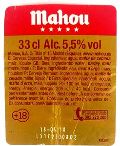Drink Label: Mahou Cerveza Especial (Mahou S.A., SpainCol:ES-BEER-000394