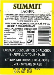 Drink Label: Summit Lager (Keroche Breweries, KenyaCol:KE-BEER-000044