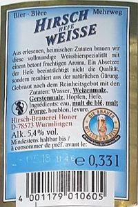 Drink Label: Hirsch Weisse (Hirsch-Brauerei Honer GmbH & Co., Germany ...
