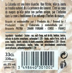 Drink Label: Colomba Biere Blanche de Corse (Brasserie Pietra ...