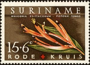 Stamp: Popokai (Heliconia psittacorum) (Suriname(Red Cross (flowers ...