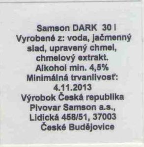 Drink Label: SFx-Samson dark (Pivovar Samson České Budějovice, Czech ...