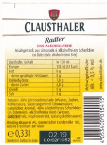 Drink Label: Clausthaler Radler (Binding-Brauerei AG, Germany, Federal ...