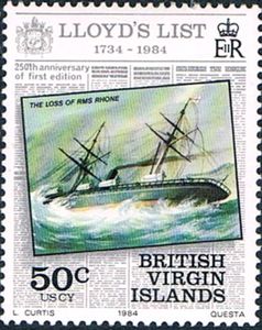 Stamp: Wreck of "Rhone" (Mail Steamer), 1867 (British Virgin Islands ...