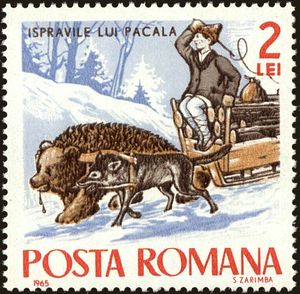 Stamp: Wolf and bear pulling sled (Romania(Fables and tales) Mi:RO 2424 ...
