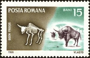 Stamp: Steppe Bison (Bison priscus) (Romania(Prehistoric Animals) Mi:RO ...