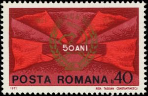Stamp: Red Flags & Communist Party Badge (Romania(50th Anniversary of ...