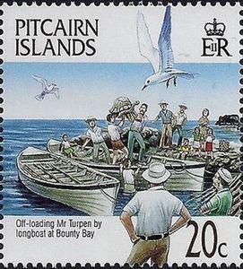Stamp: Off-loading Mr. Turpin to a longboat (Pitcairn Islands ...