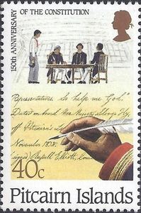 Stamp: Signing of the constitution, 1838 and text (Pitcairn Islands ...