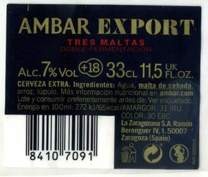 Drink Label: Ambar Export (La Zaragozana S.A., SpainCol:ES-BEER-000477