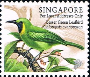 Stamp: Lesser Green Leafbird (Chloropsis cyanopogon) (Singapore(Birds ...