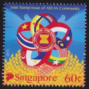 Stamp: ASEAN Emblem and Member Flags (Singapore(ASEAN Joint Issue 2015 ...