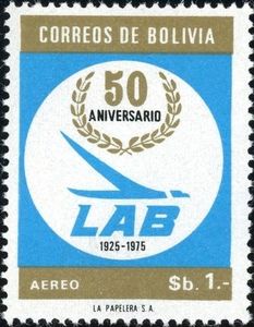 Stamp: LAB-Emblem (Bolivia) (Lloyd Aereo Boliviano, 50th Anniv.) Mi:BO ...