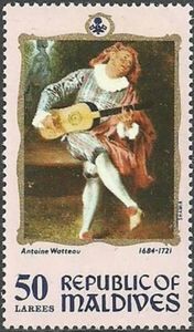 Stamp: Mezzetin by Jean-Antoine Watteau (Maldives) (Paintings & Musical ...