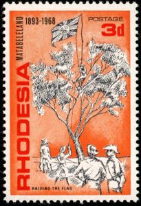 Stamp: Raising the flag, Bulawayo, 1893 (Rhodesia(75th Anniversary of ...