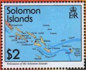 Stamp: Map of Solomon Islands volcanoes (Solomon Islands(Volcanoes ...