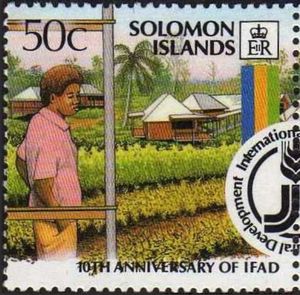 Stamp: Student, farm and emblem (Solomon Islands(10th Anniversary of ...