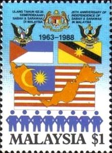 Stamp: Map, Crests, Flags of Sabah, Sarawak and Malaysia (Malaysia ...