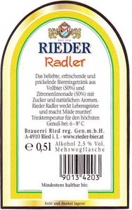 Drink Label: Rieder Radler (Brauerei Ried, AustriaCol:AT-BEER-003490