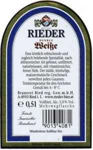 Drink Label: Rieder dunkle Weisse (Brauerei Ried, AustriaCol:AT-BEER-003506
